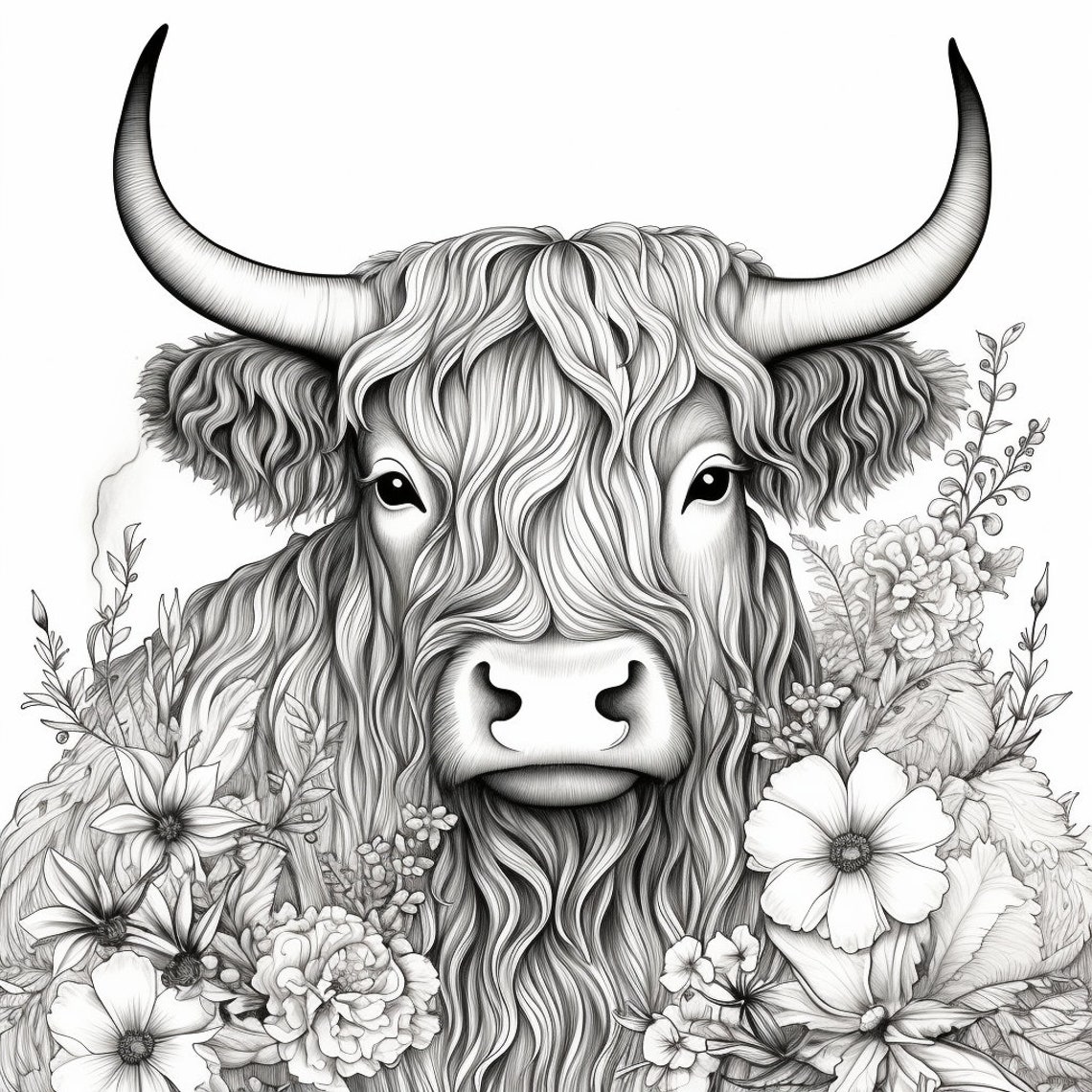 Floral Highland Cow Print Adult Coloring Page 50 Digital - Etsy Australia