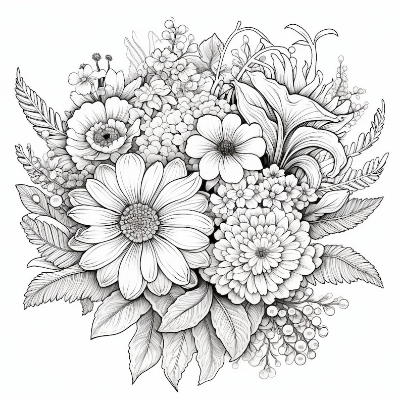 Floral Bouquet Adult Coloring Pages Detailed Flower Printable 56 ...