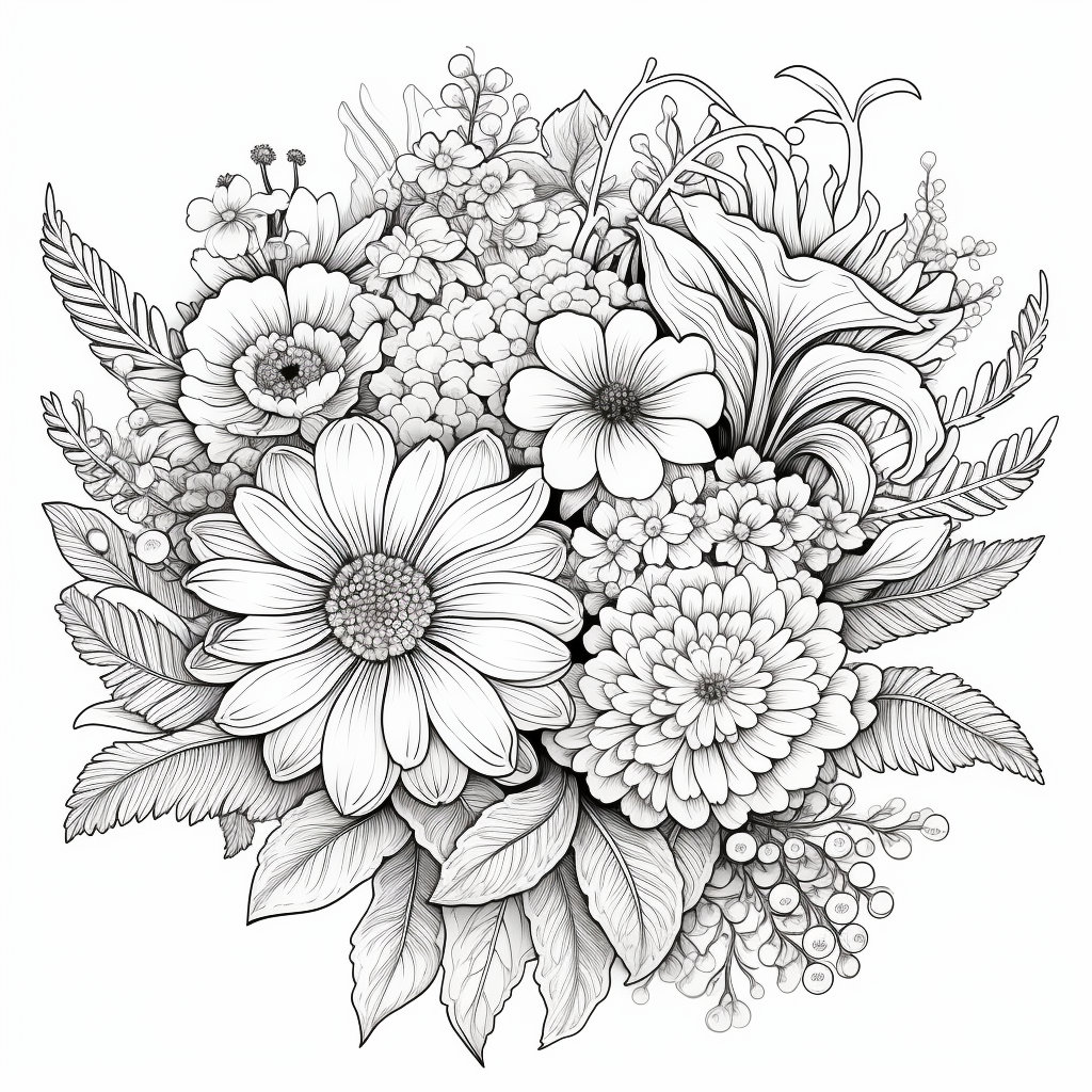 Floral Bouquet Adult Coloring Pages Detailed Flower Printable 56 ...