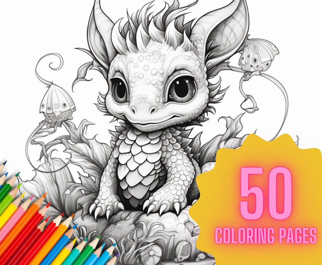 Dragon Baby Cute Fantasy Forest Adult Coloring Pages 50 Printable ...