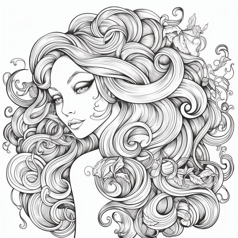 Girl Hair Coloring Pages Designs Women Hair Style Printable Digital ...