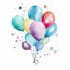Watercolor Birthday Theme Clipart Balloon Cake Presents 20 Printable ...