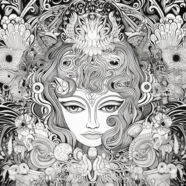Psychedelic Trippy Adult Coloring Pages Grayscale 52 Digital Downloads ...