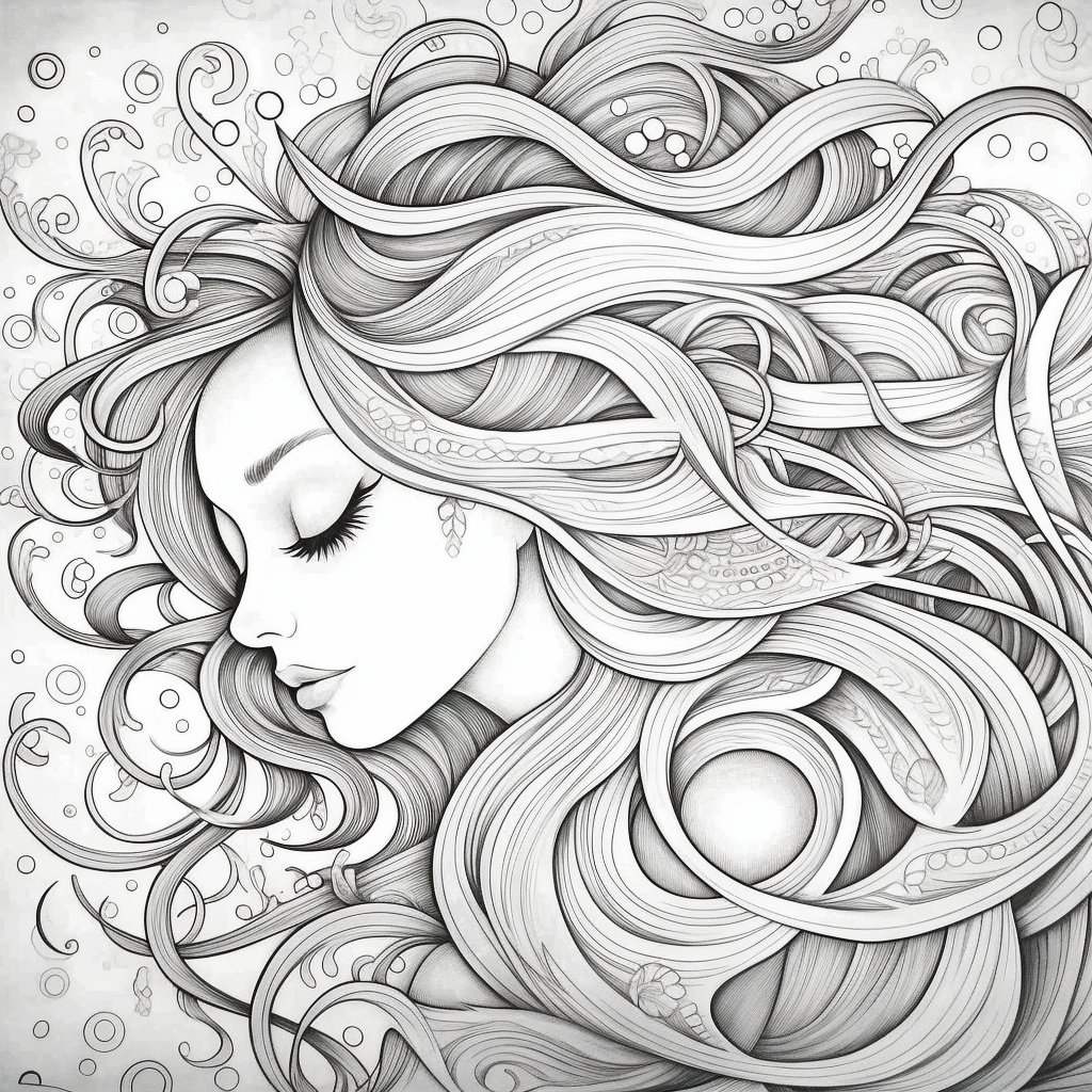 Girl Hair Coloring Pages Designs Women Hair Style Printable Digital ...
