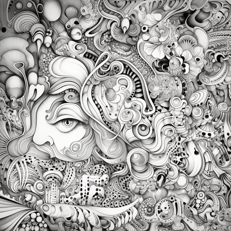 Psychedelic Trippy Adult Coloring Pages Grayscale 52 Digital Downloads ...