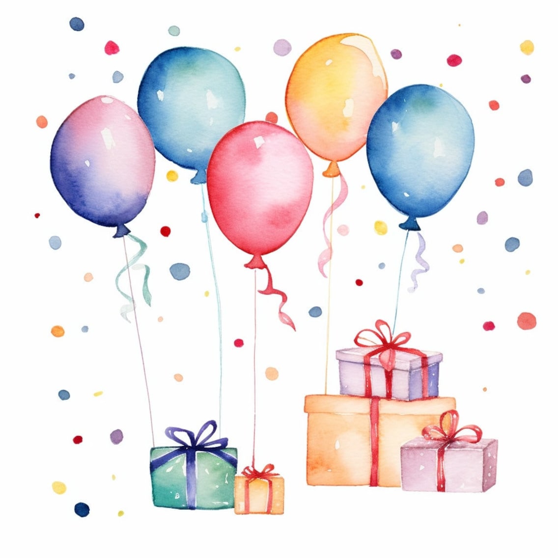 Watercolor Birthday Theme Clipart Balloon Cake Presents 20 Printable ...
