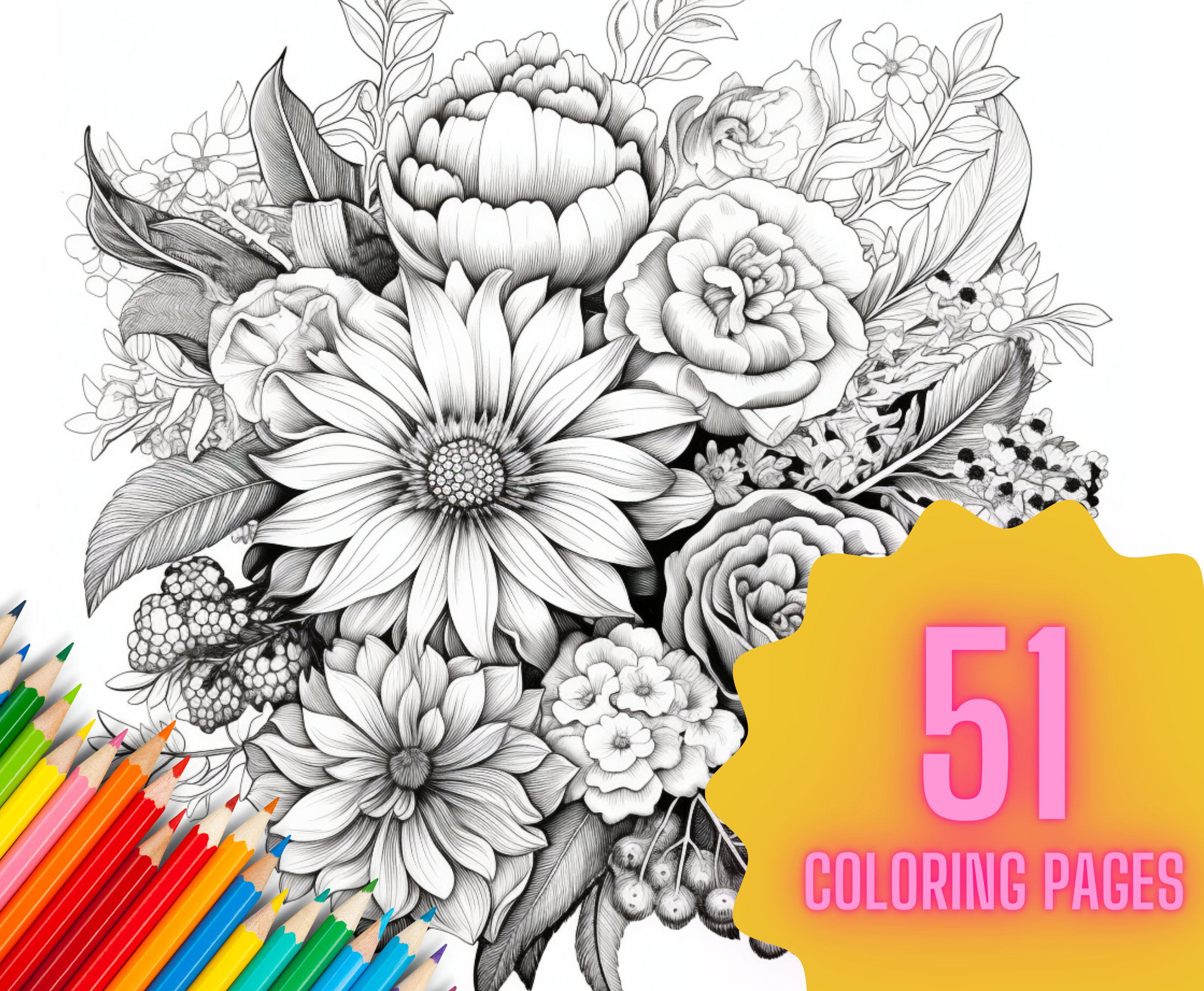 Floral Bouquet Adult Coloring Pages Detailed Flower Printable 56 ...