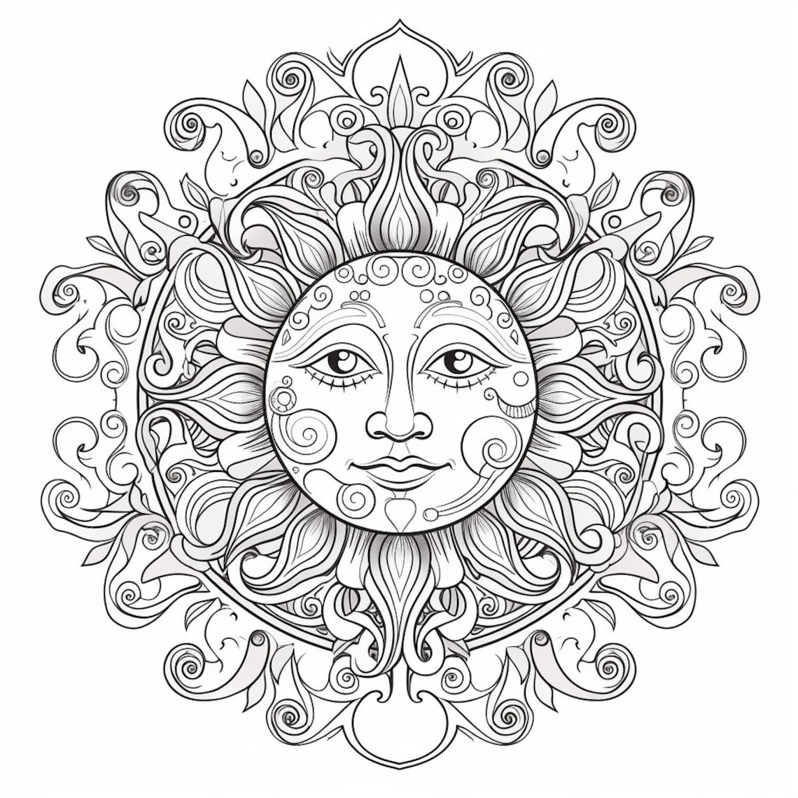 50 Paisley Sun Face Mandala Theme Adult Coloring Page Digital Download ...