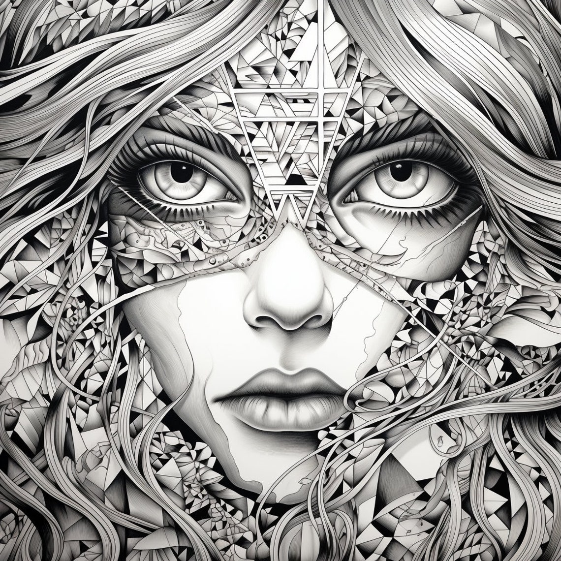 Psychedelic Prism Trippy Adult Coloring Pages Grayscale 80 Digital ...