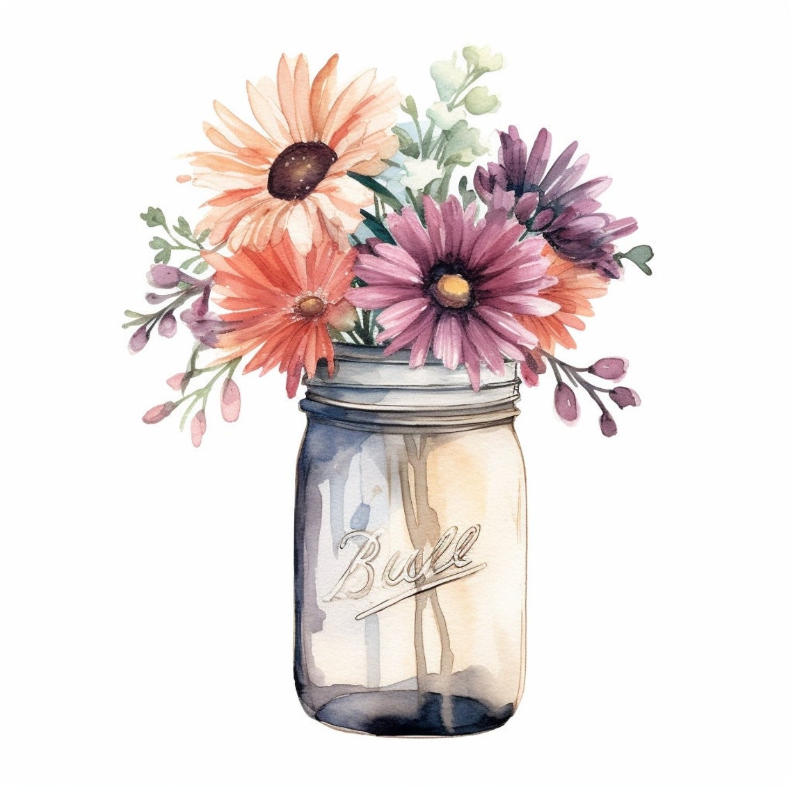 Bouquet of Flowers in Mason Jar Clipart Jpgs Digital Download Card ...