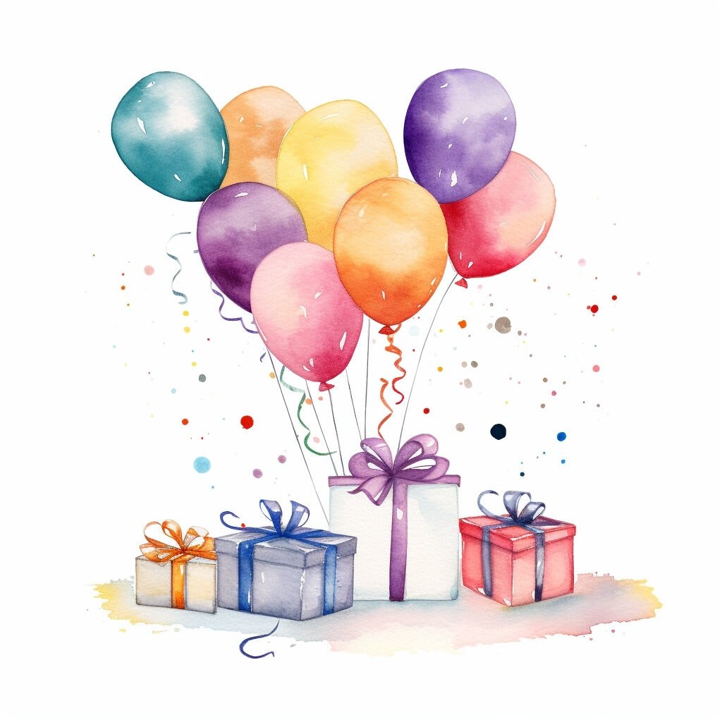 Watercolor Birthday Theme Clipart Balloon Cake Presents 20 Printable ...