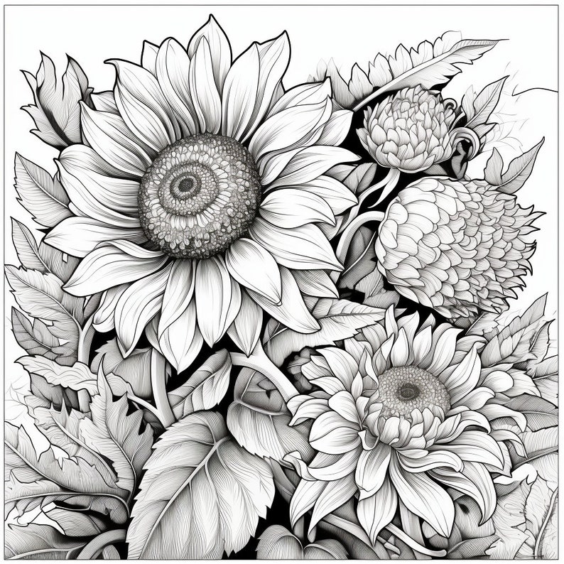 Sunflower Adult Coloring Pages Floral 50 Printable Digital Downloads - Etsy