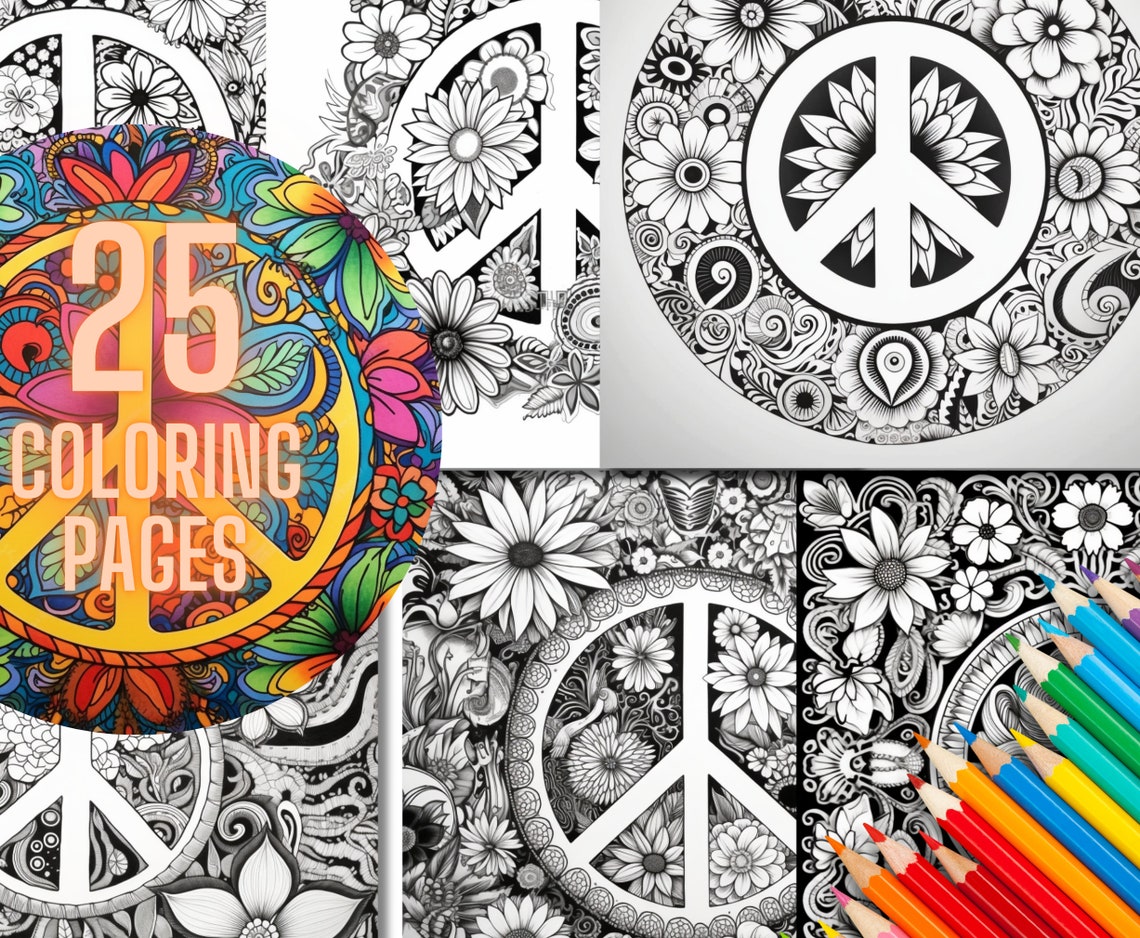 25 Adult Coloring Pages Peace Sign Floral Designs - Etsy