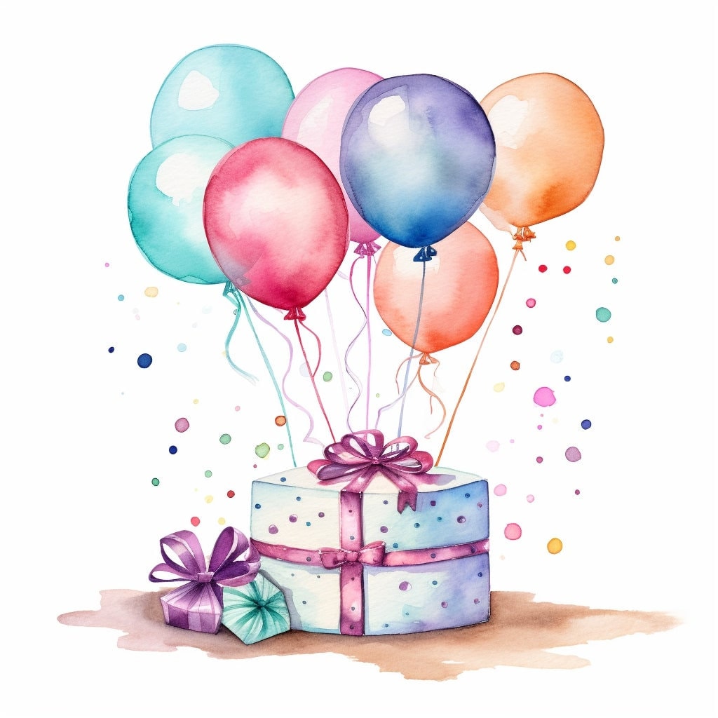 Watercolor Birthday Theme Clipart Balloon Cake Presents 20 Printable ...