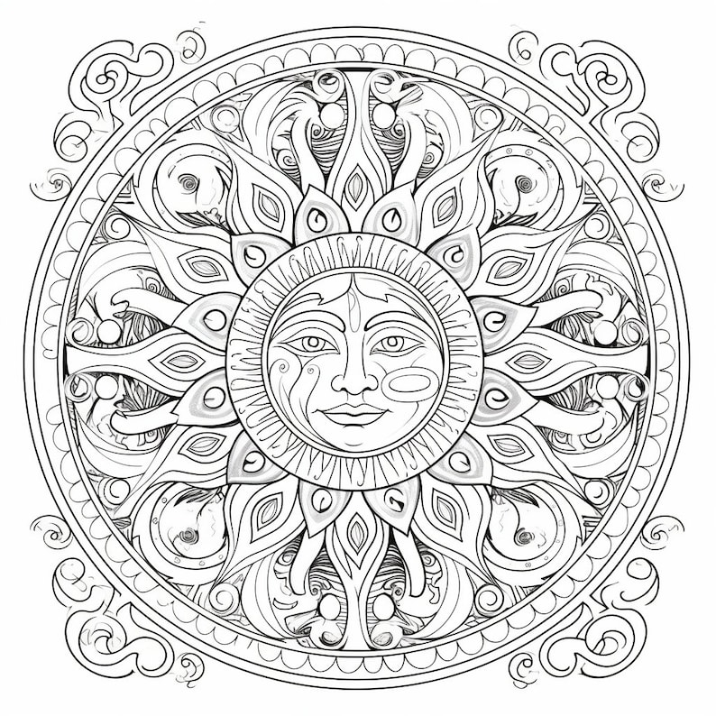 50 Paisley Sun Face Mandala Theme Adult Coloring Page Digital Download ...