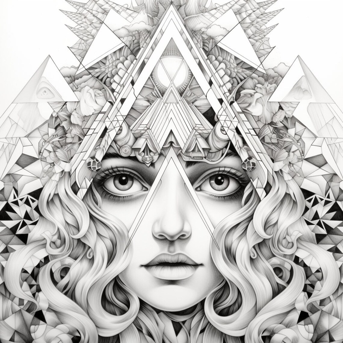 Psychedelic Prism Trippy Adult Coloring Pages Grayscale 80 Digital ...