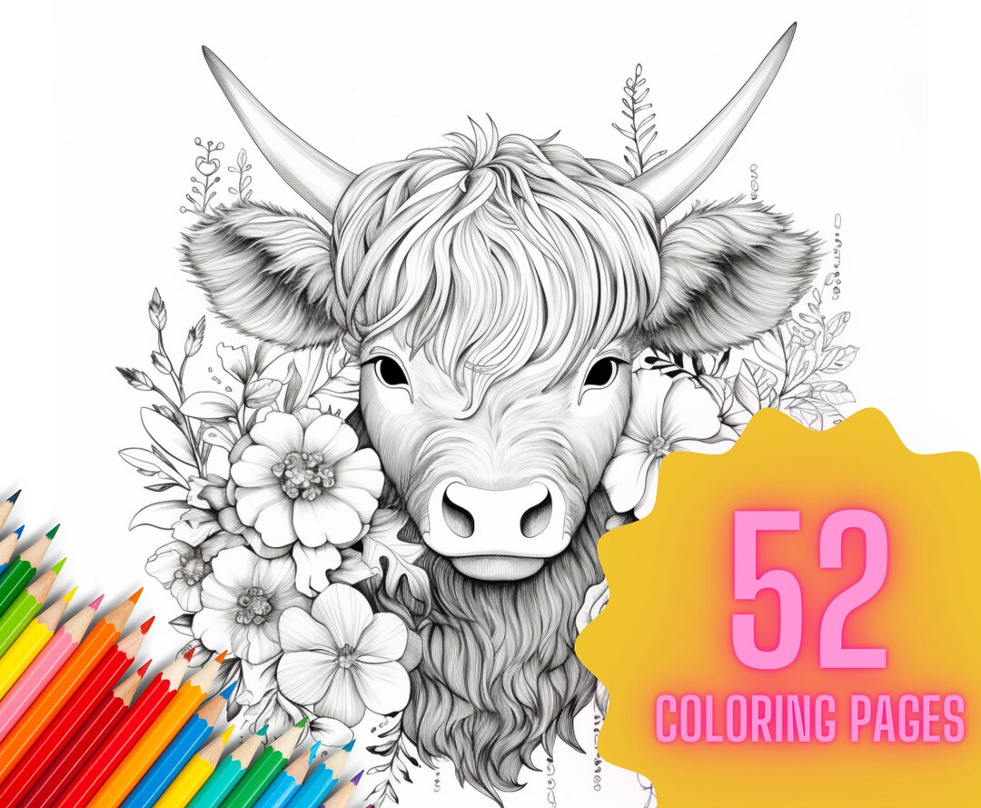 Floral Highland Cow Calf Print Adult Coloring Page 52 Digital Downloads ...