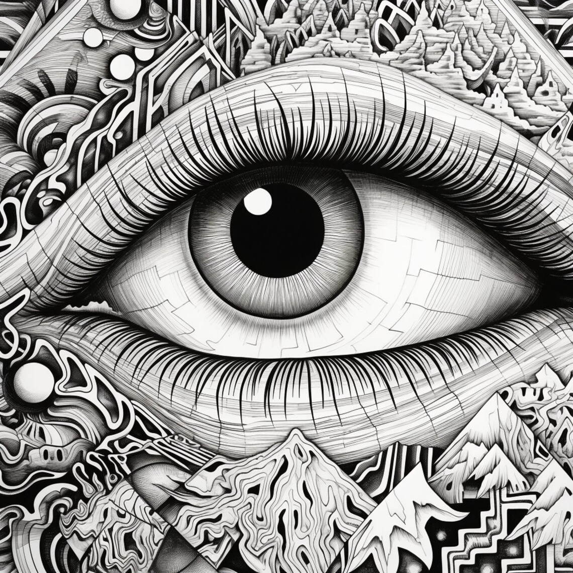 Psychedelic Prism Trippy Adult Coloring Pages Grayscale 80 Digital ...