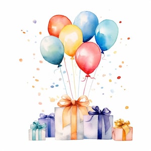 Watercolor Birthday Theme Clipart Balloon Cake Presents 20 Printable ...