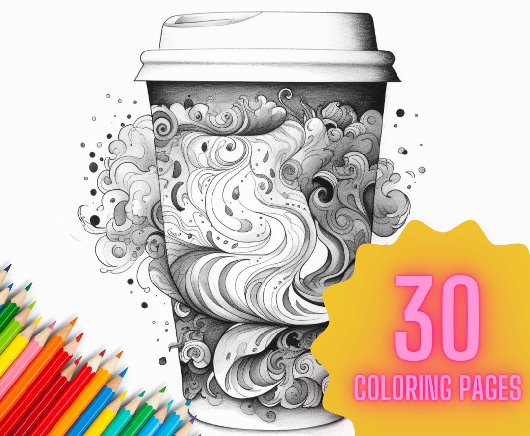 Coffee Cup Adult Coloring Printable Pages 30 Digital Downloads - Etsy