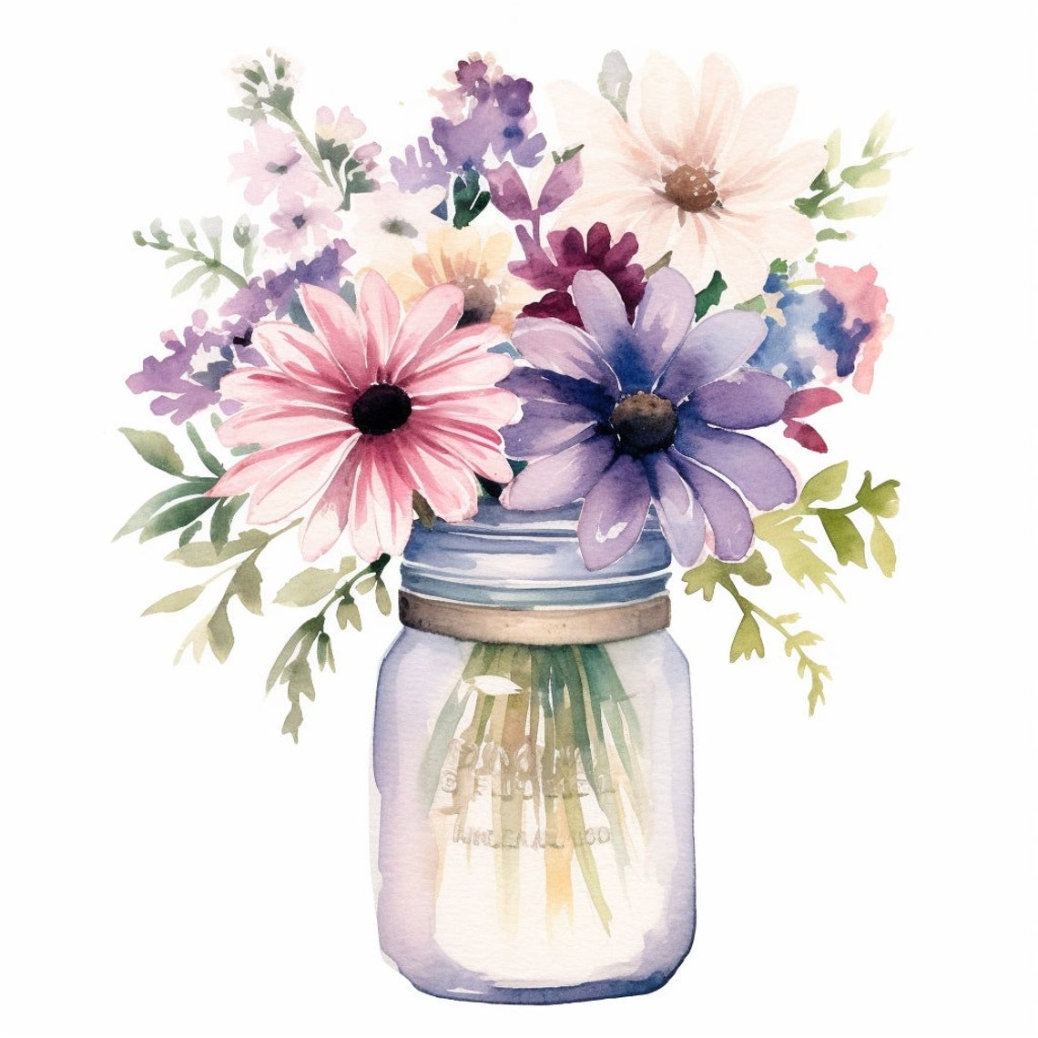 Bouquet of Flowers in Mason Jar Clipart Jpgs Digital Download Card ...