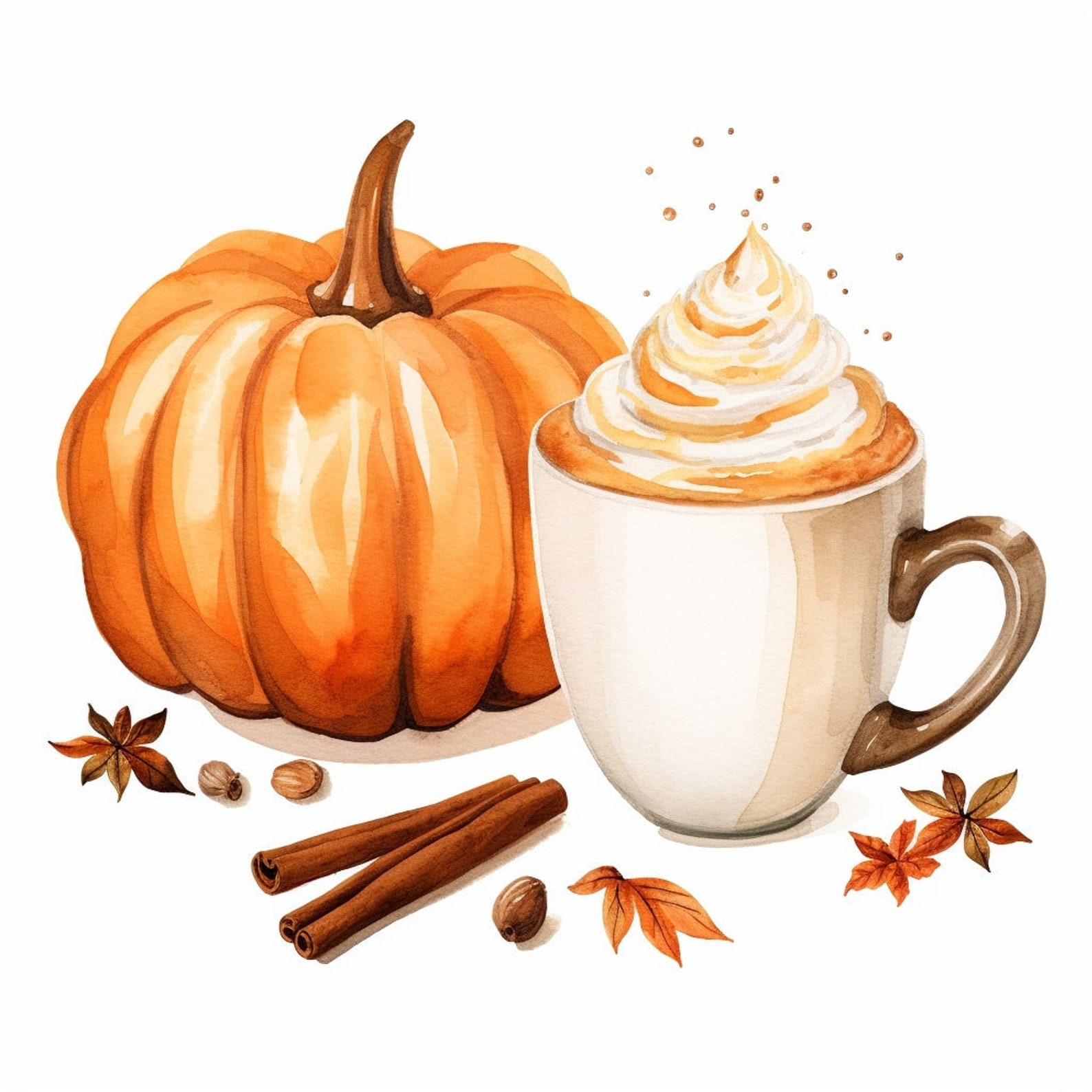 Watercolor Pumpkin Spice Coffee Latte Clipart Art Printable 20 High ...