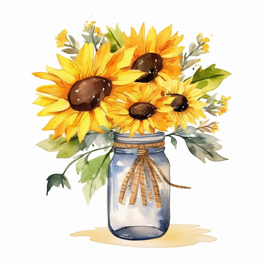Watercolor Sunflower Clipart Bouquet in Mason Jar 20 Printable - Etsy