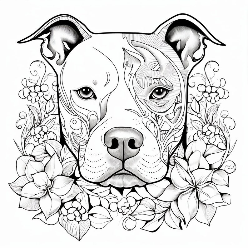 Pitbull Adult Coloring Page Printable Dog Digital Downloads 52 Images ...