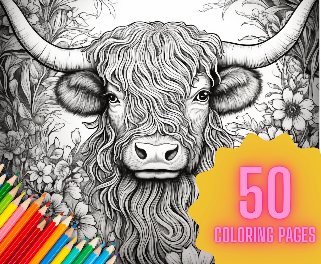 Floral Highland Cow Print Adult Coloring Page 50 Digital Downloads - Etsy