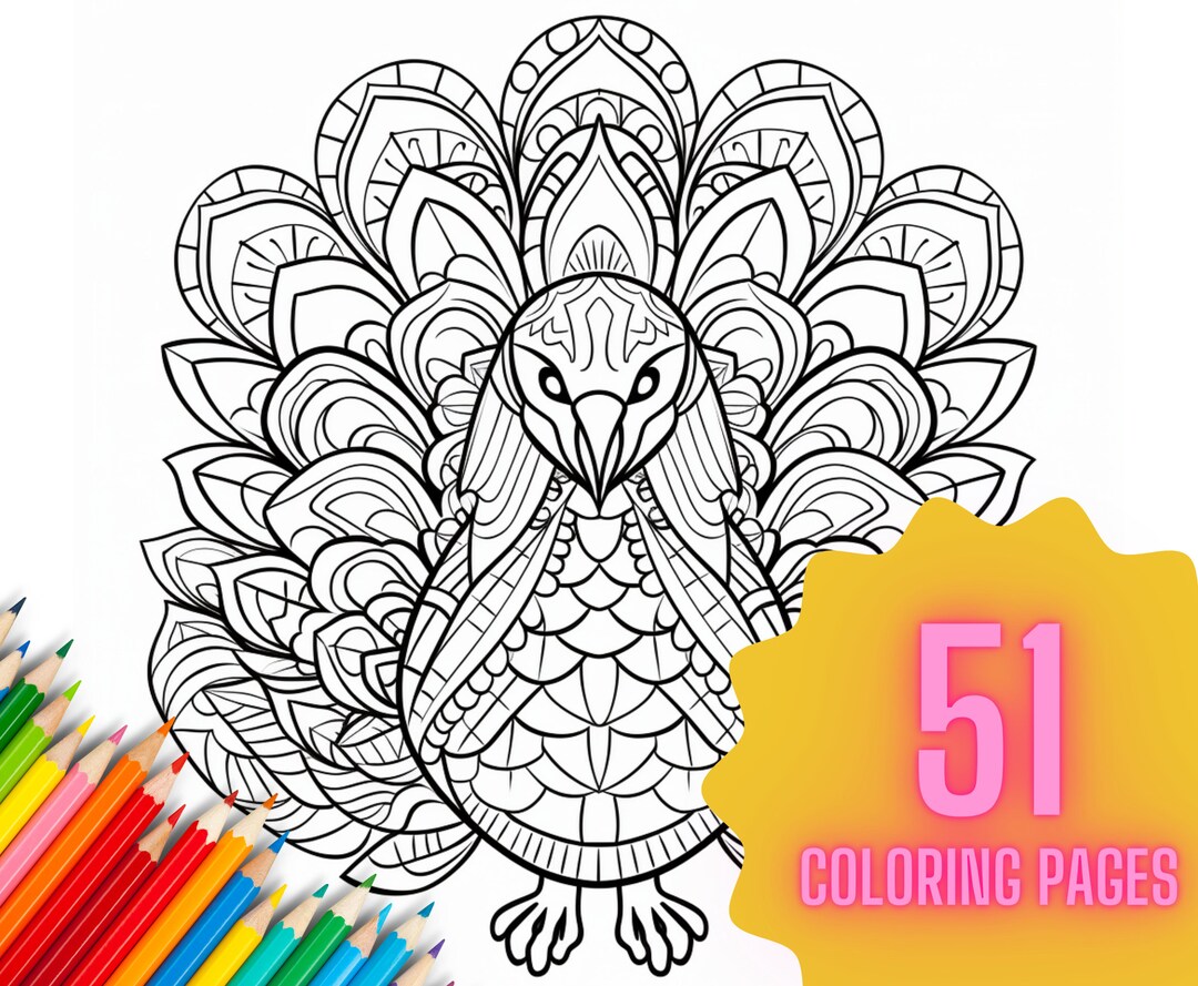 Turkey Thanksgiving Adult Coloring Page 51 Digital Downloads - Etsy
