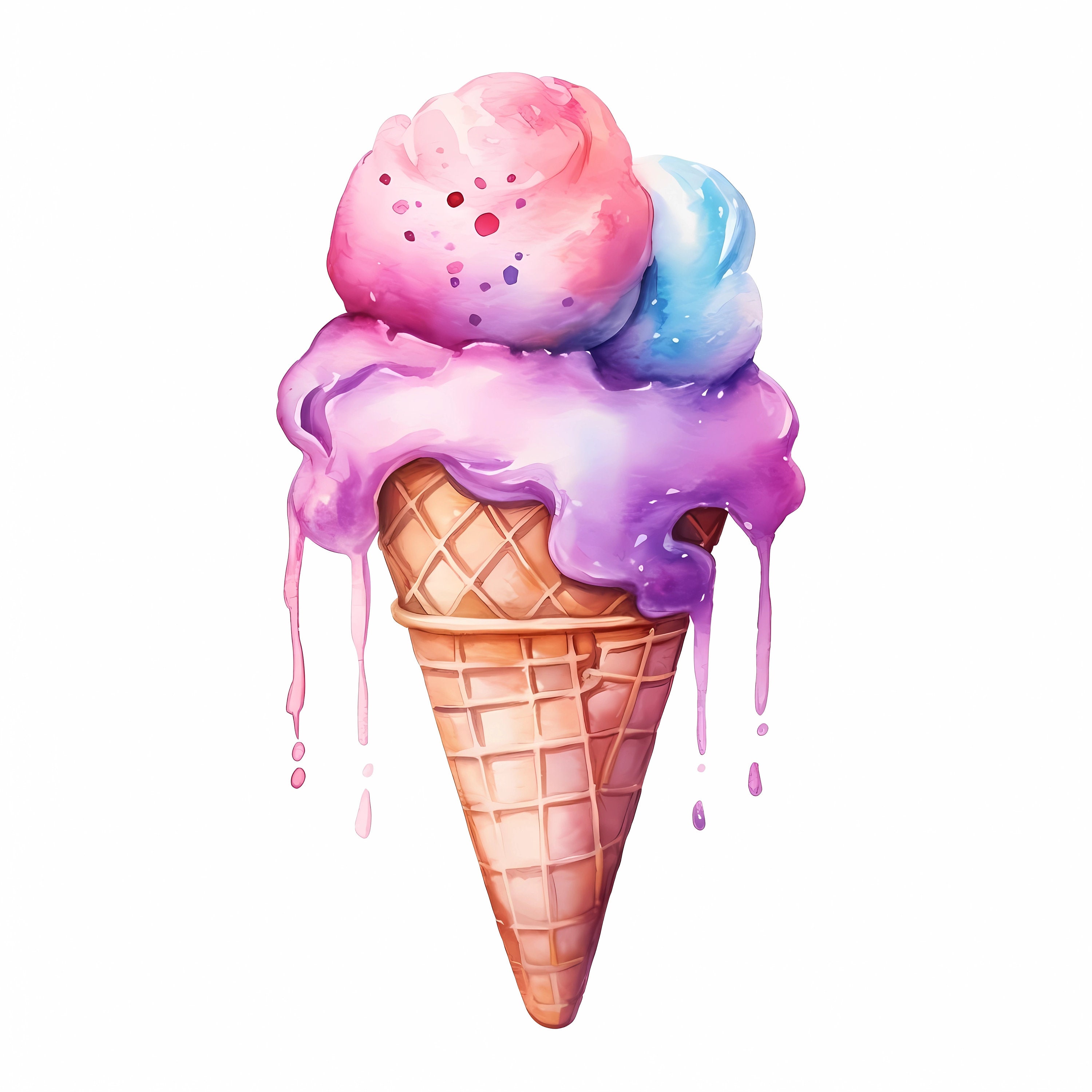 Watercolor Ice Cream Cone Colorful Clipart Art Printable 20 High ...