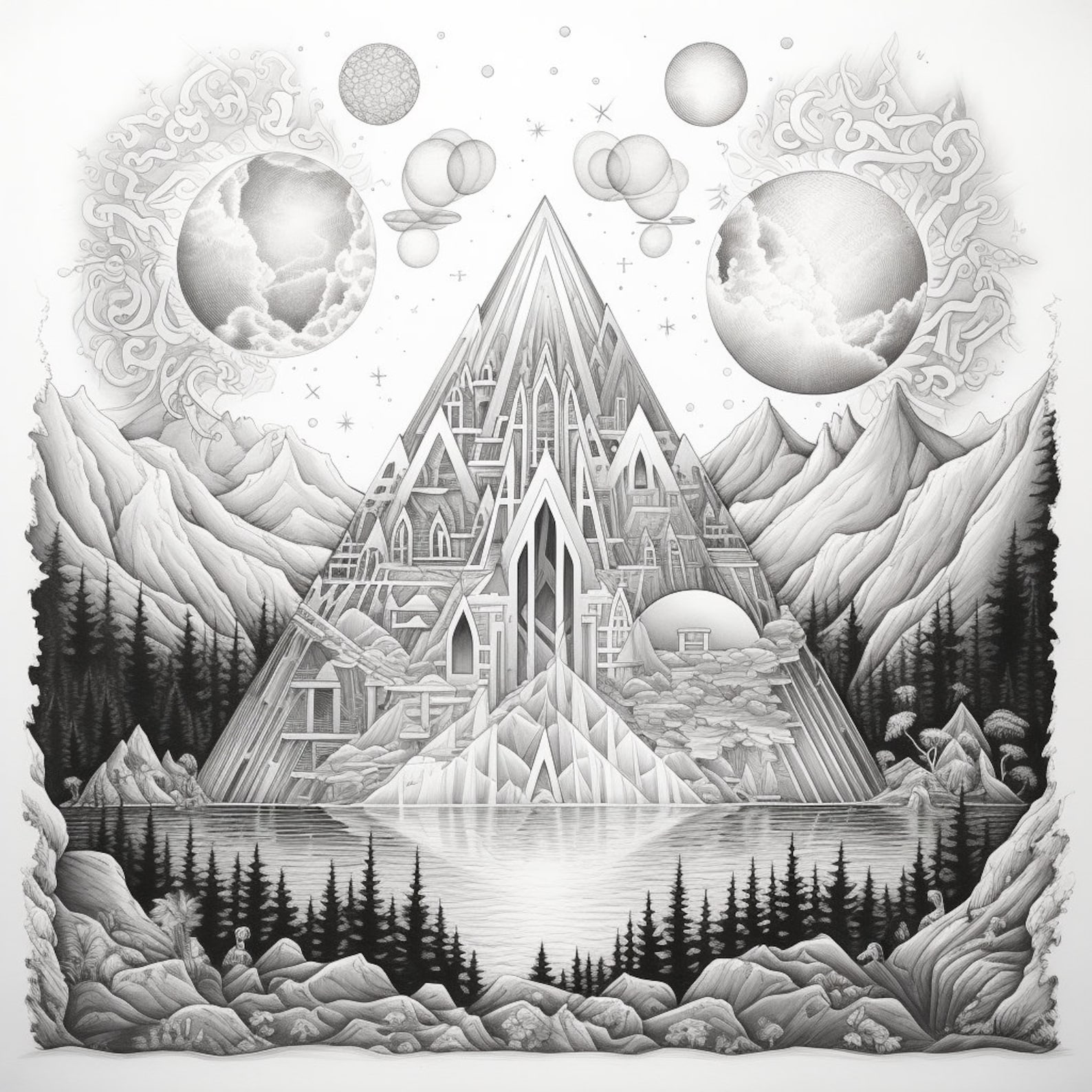 Psychedelic Prism Trippy Adult Coloring Pages Grayscale 80 Digital ...