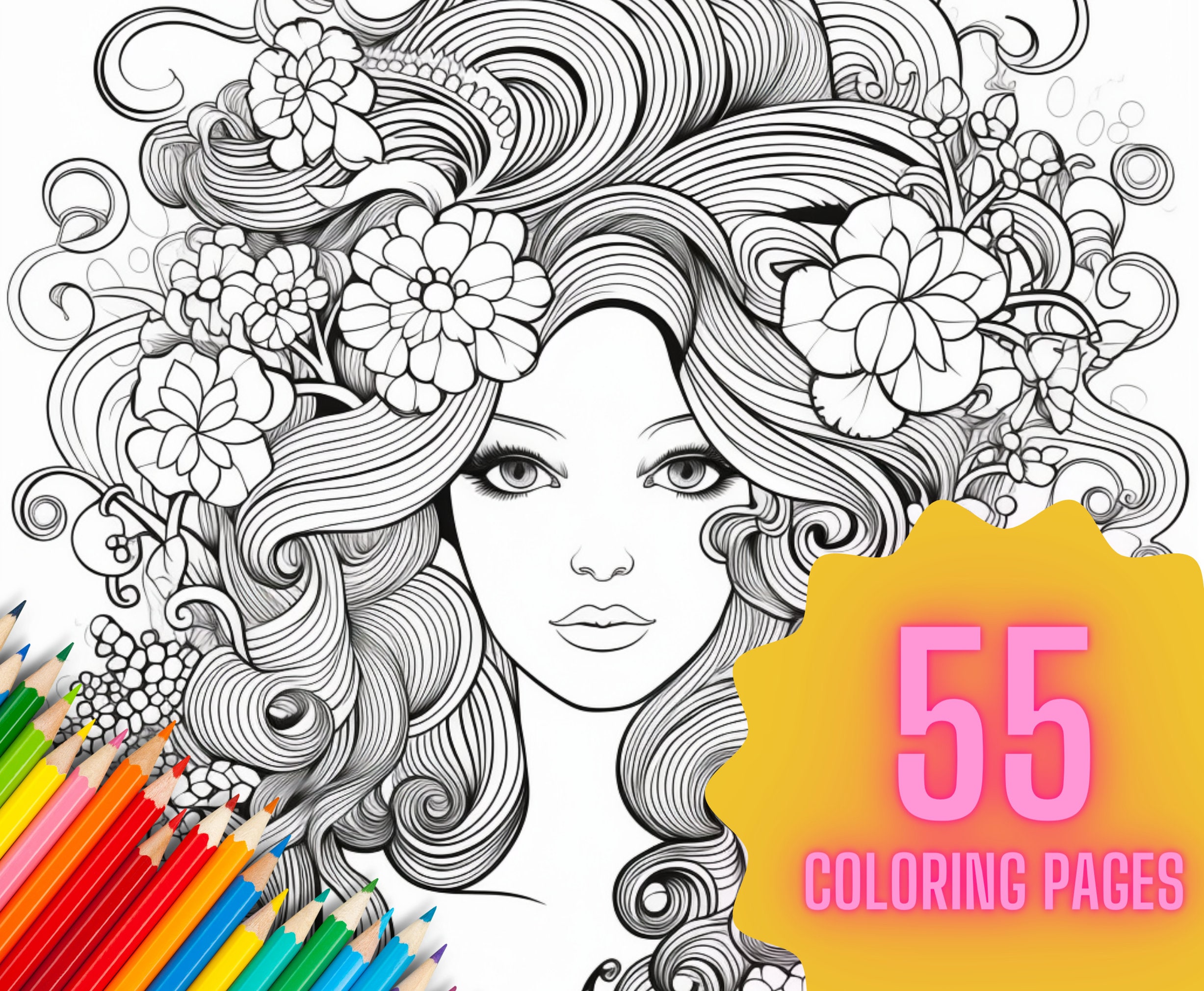 Girl Hair Coloring Pages Designs Women Hair Style Printable Digital ...