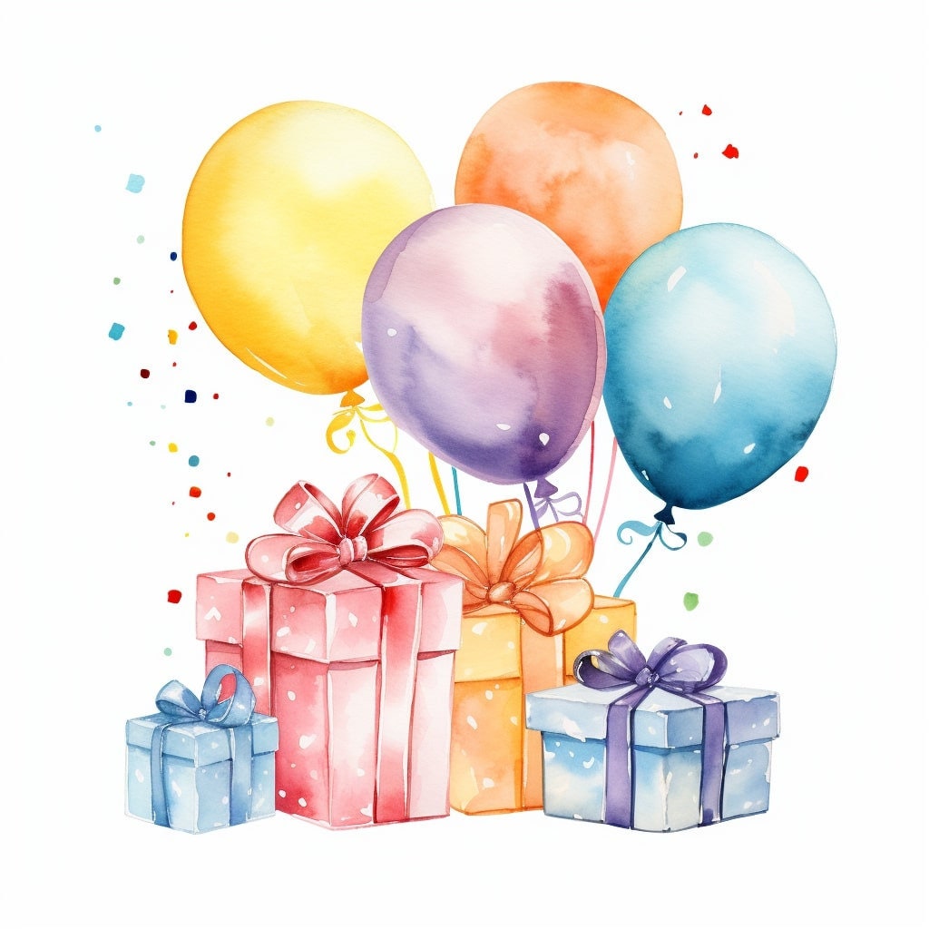 Watercolor Birthday Theme Clipart Balloon Cake Presents 20 Printable ...