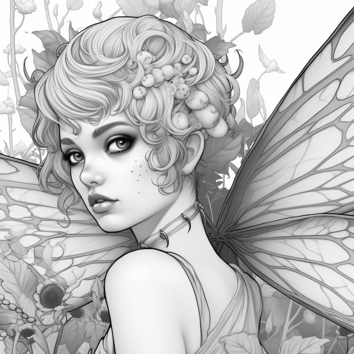 Pixie Fairy Adult Coloring Page Black White Grayscale 50 Printable Digital Downloads - Etsy