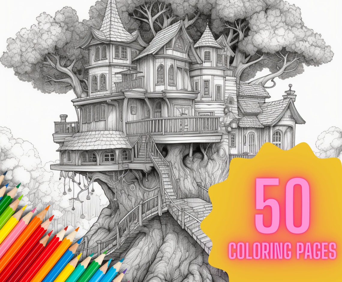 Treehouse Adult Coloring Page Detailed Grayscale Print 50 Digital ...