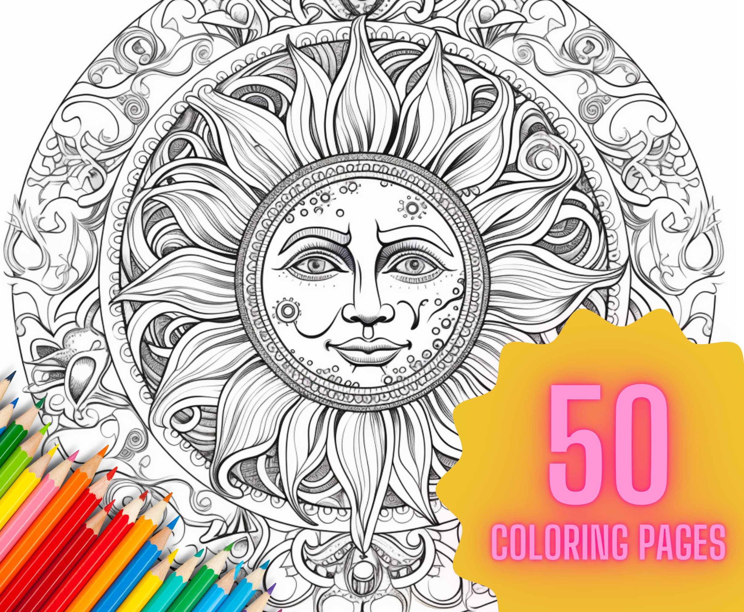 50 Paisley Sun Face Mandala Theme Adult Coloring Page Digital Download ...