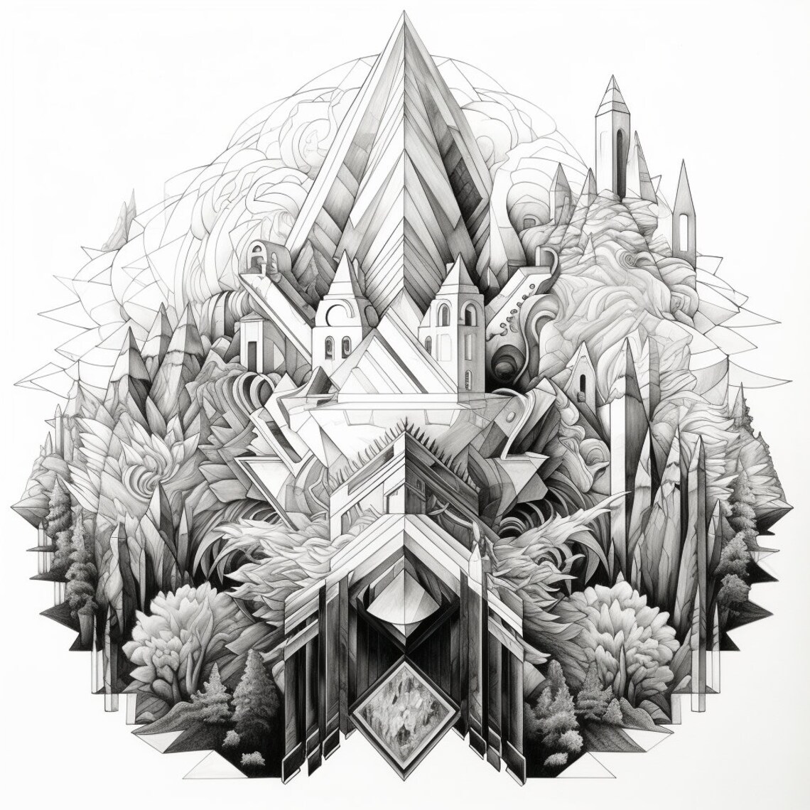 Psychedelic Prism Trippy Adult Coloring Pages Grayscale 80 Digital ...