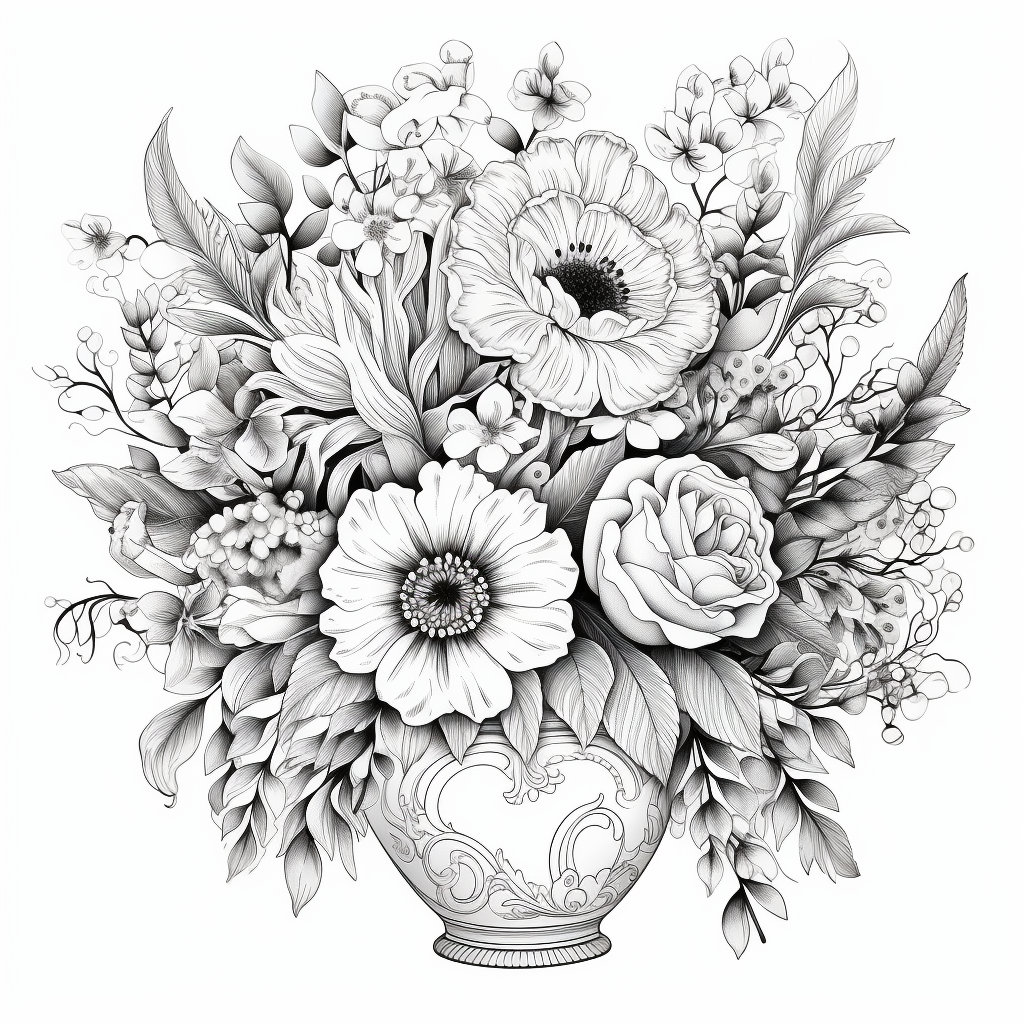 Floral Bouquet Adult Coloring Pages Detailed Flower Printable 56 ...
