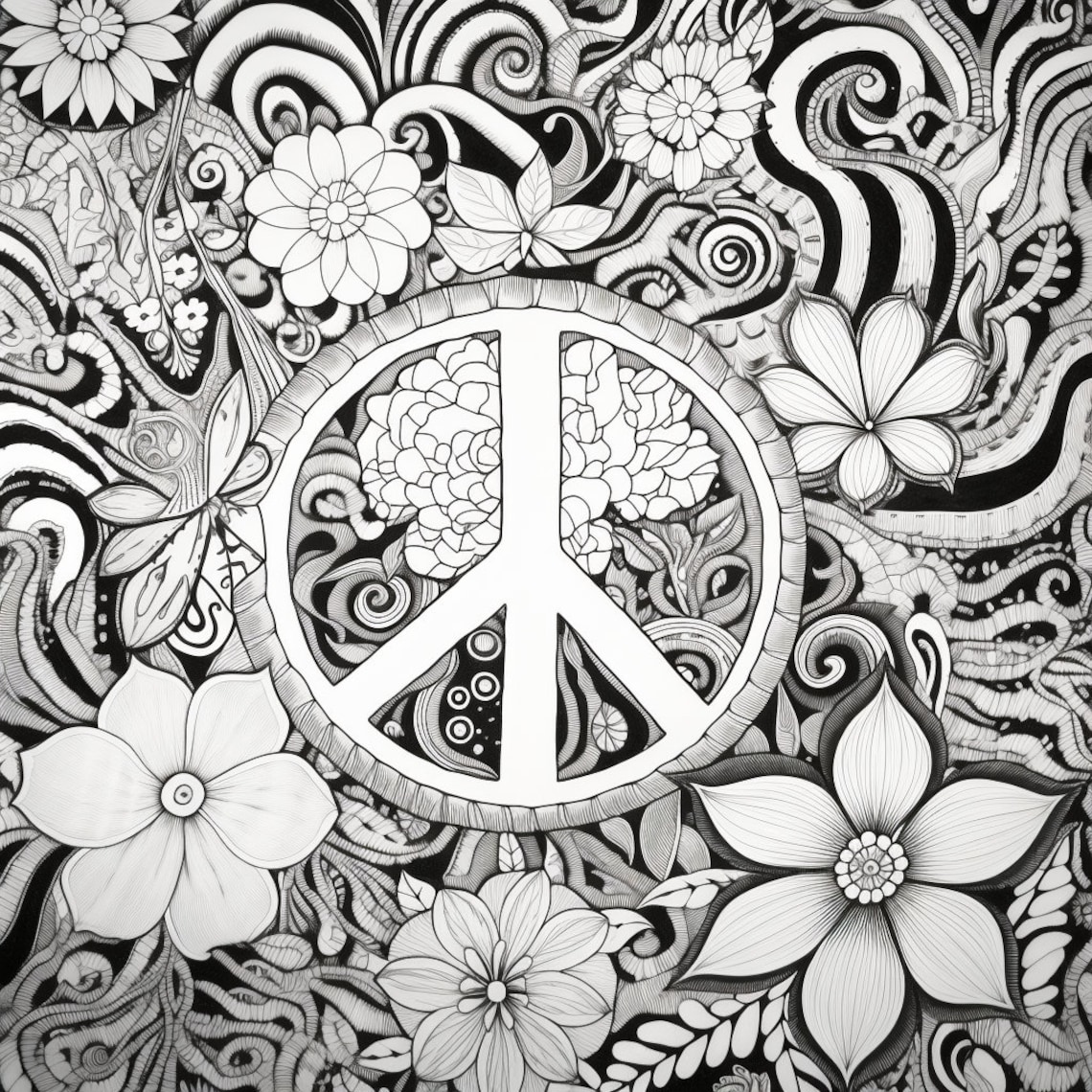 25 Adult Coloring Pages Peace Sign Floral Designs - Etsy