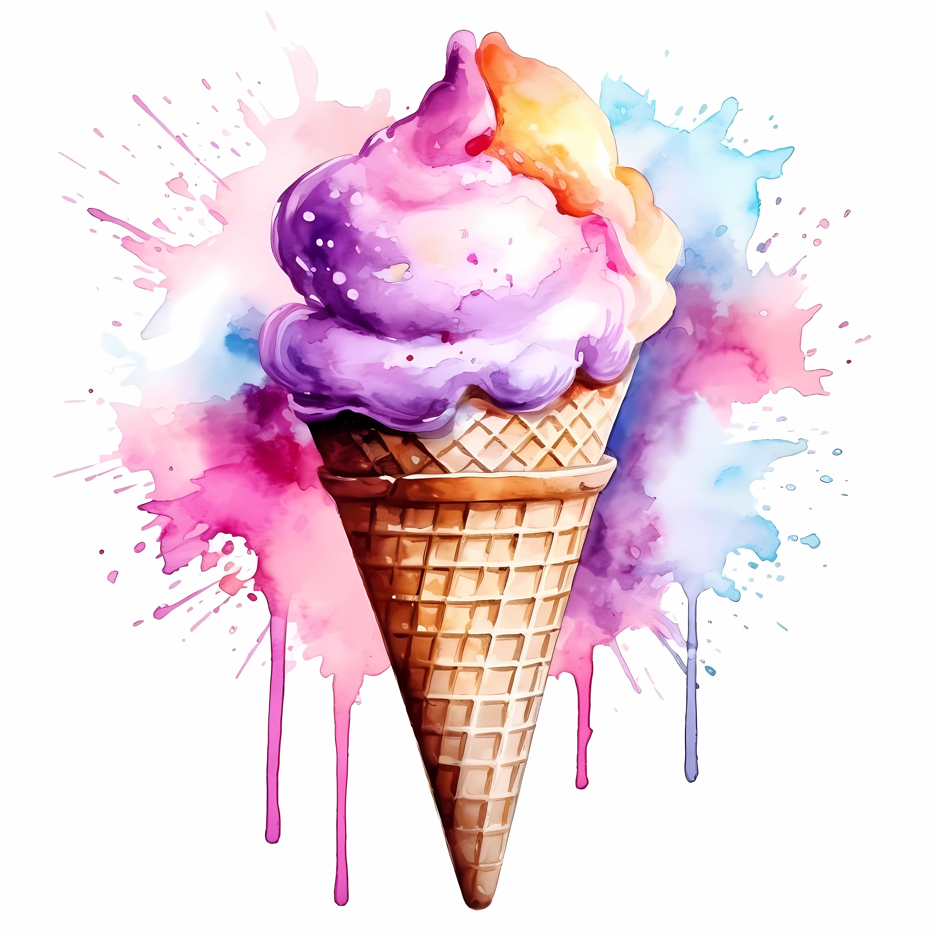 Watercolor Ice Cream Cone Colorful Clipart Art Printable 20 High ...