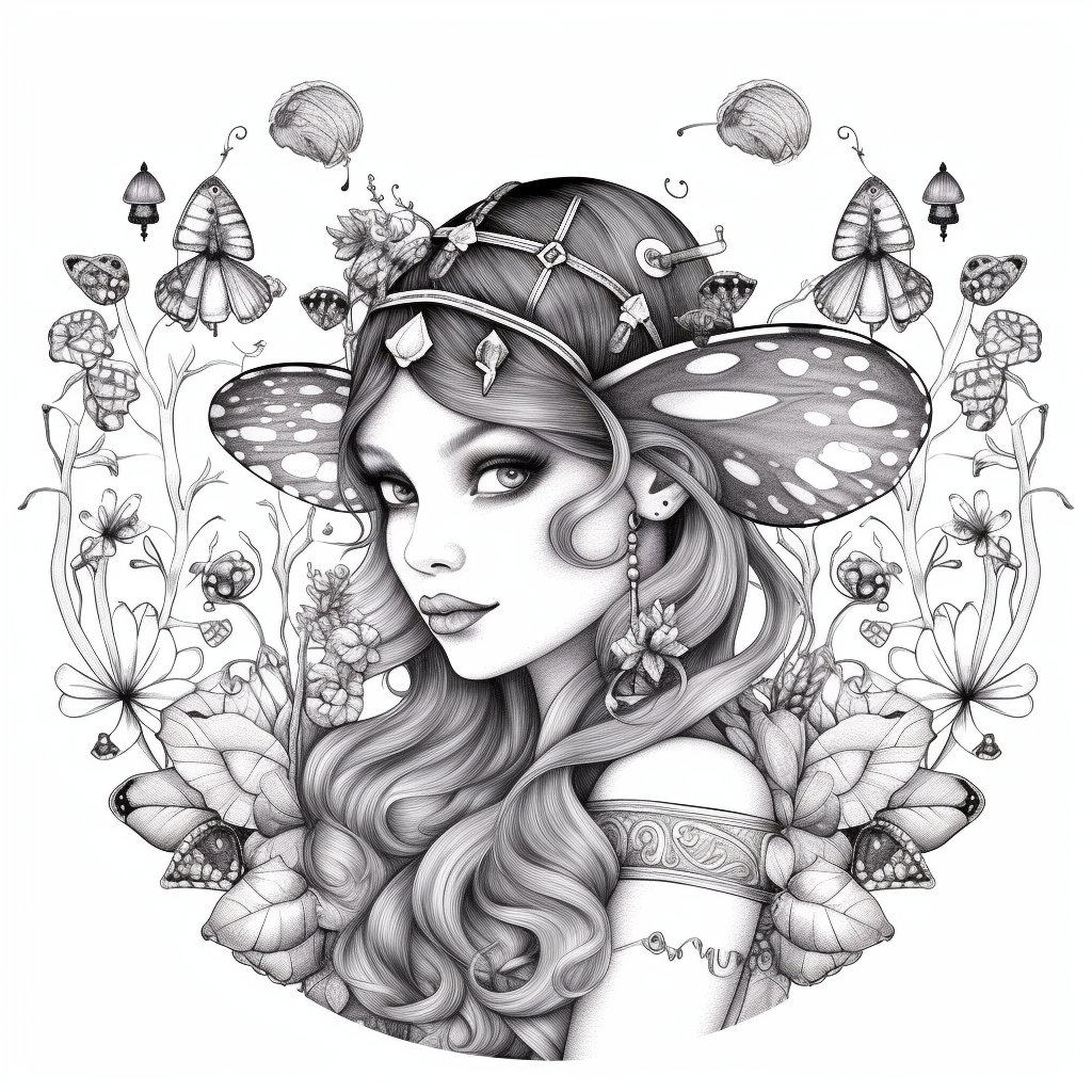 Pixie Fairy Adult Coloring Page Black White Grayscale 50 Printable ...