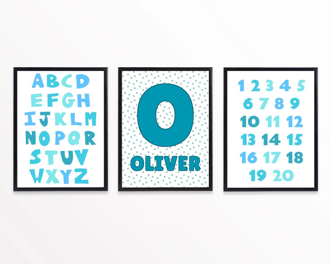 Set of 3 Personalised Alphabet & Numbers 1-20 Prints. Nursery Letters ...