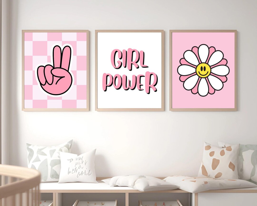 Girl Power, Checkered Peace Sign & Smiley Flower Face Poster. Digital ...