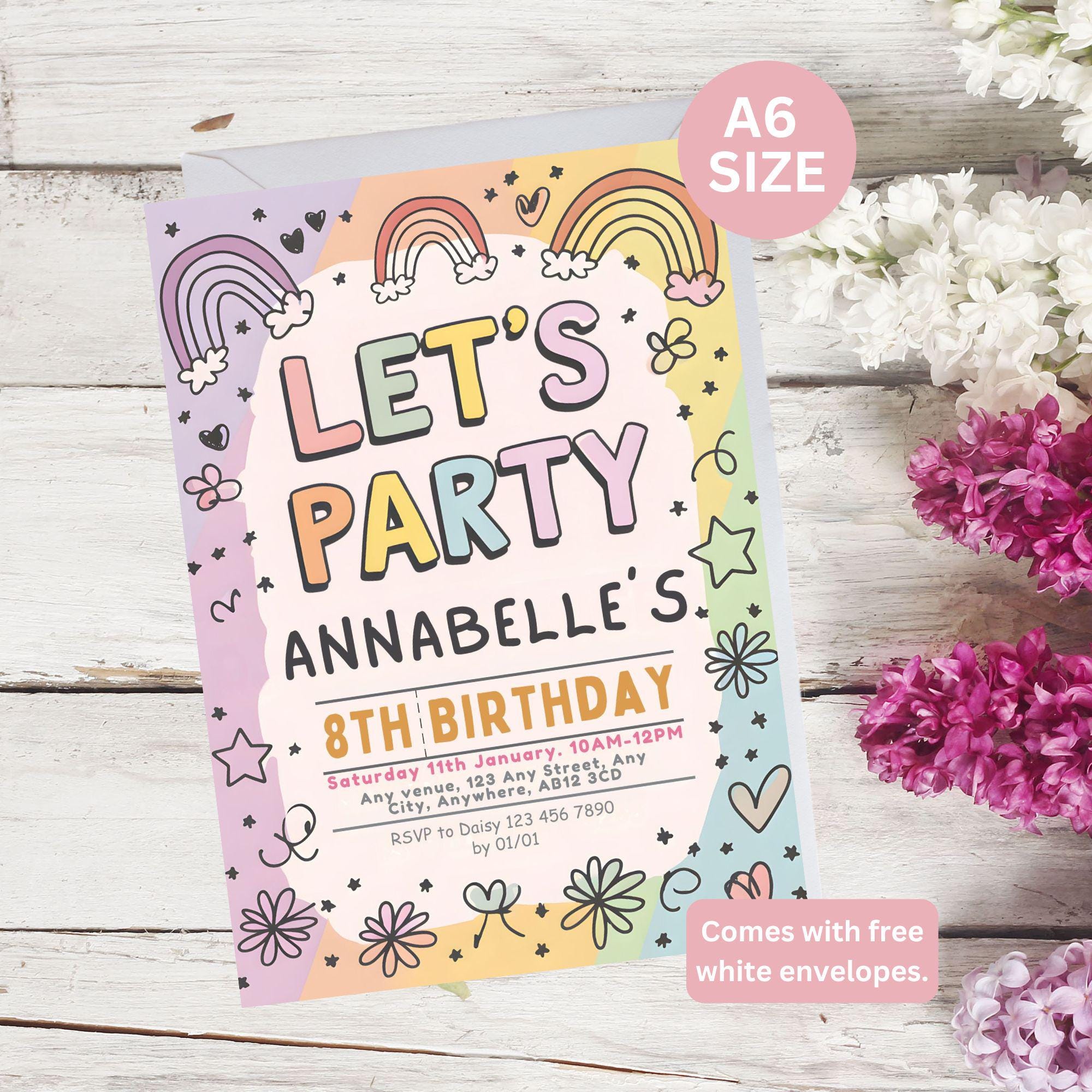 Personalised Rainbow Let's Party Birthday Invitations With Envelopes ...