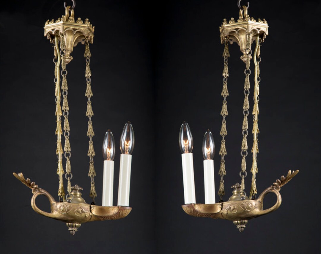 Pair of Antique Bronze Hanging Lamps, Gothic Revival Crown - Etsy