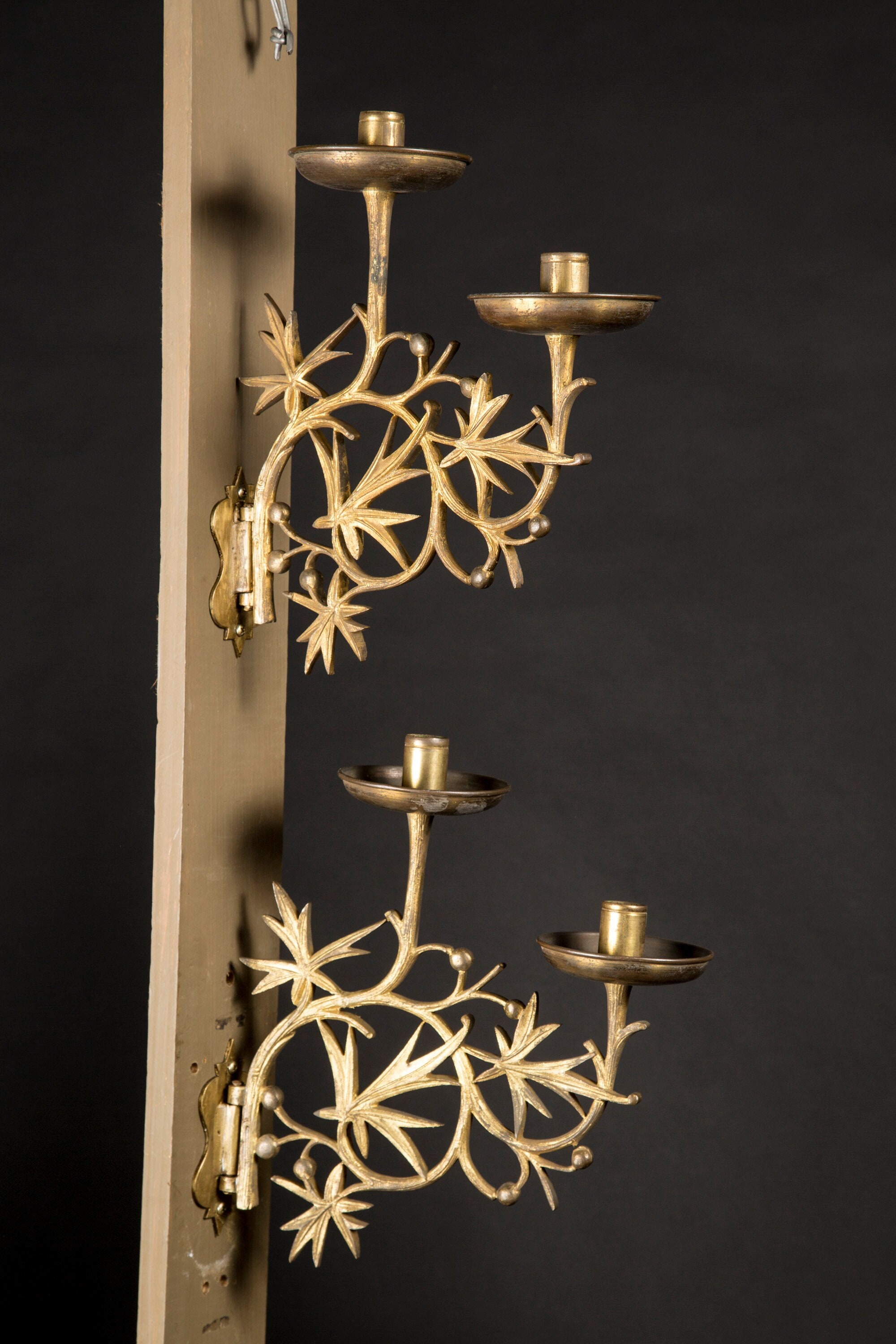 Unique Pair of Antique Bronze Sconces With Hinged Mount, Maple Leaves ...
