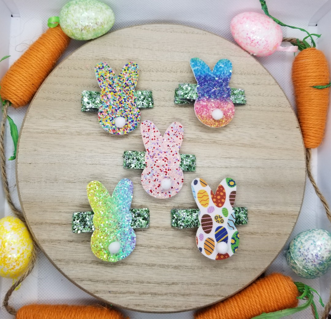 Easter Bunny Hair Clips, Multi Color Glitter or Easter Egg Print Faux ...