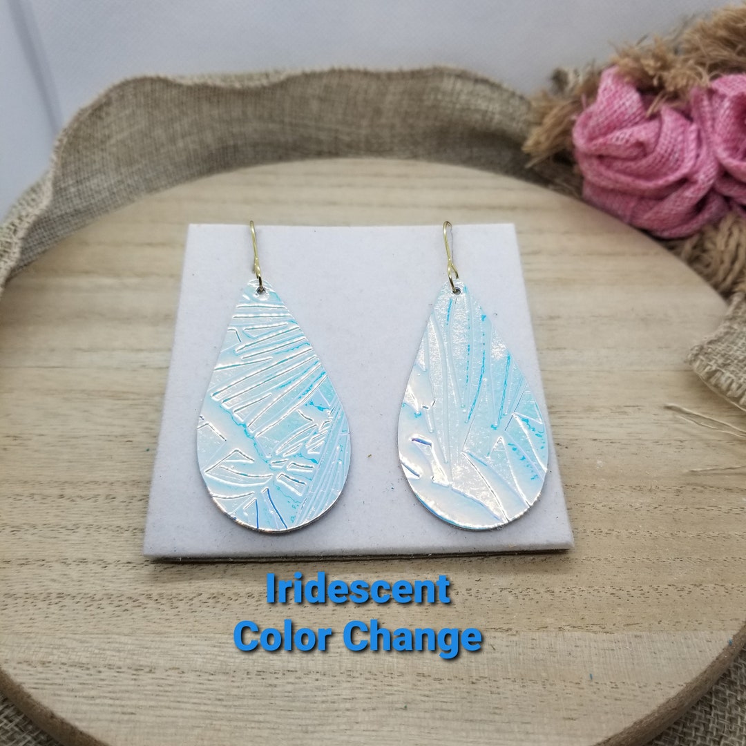 Iridescent Color Change Earrings, Embossed Genuine Leather, Sterling ...