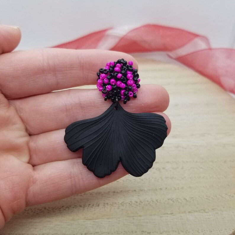 Black Ginkgo Leaf Earrings, Hot Pink Seed Bead, Stainless Steel Stud - Etsy